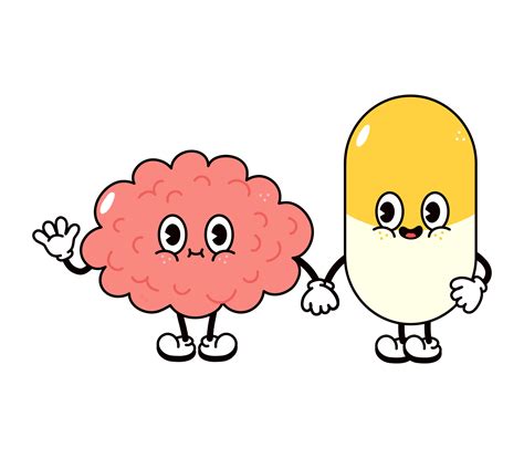 Cute Funny Happy Brain And Pill Character Vector Hand Drawn Cartoon