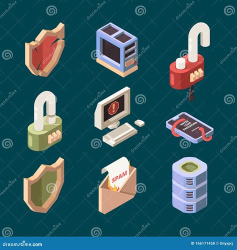 Hacker Isometric Cyber Security Email Spam Computer Viruses Online Ddos Attack Bugs Protection