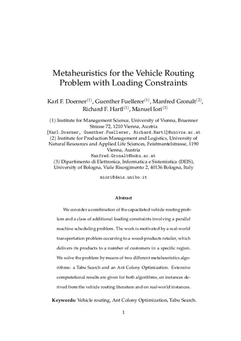 Pdf Metaheuristics For The Vehicle Routing Problem With Loading Constraints