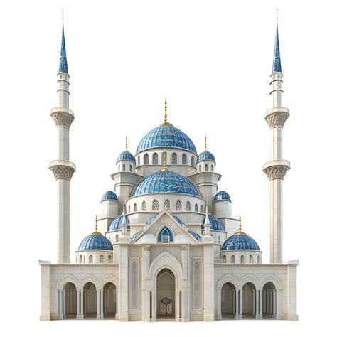 Stunning Exterior Of A Modern Mosque With Blue Domes And Minarets