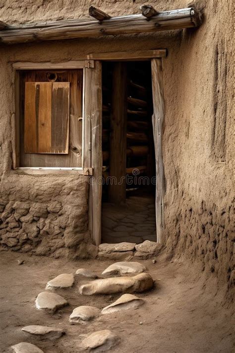 Rustic Country House Facade Made From Adobe Material Stock