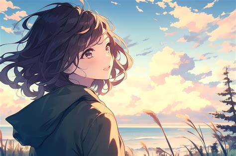 Premium Photo Anime Girl Side View Joyful Expression Happy Face Sky Trees Ocean Anime Style