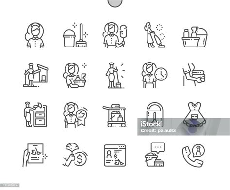 하녀 청소 서비스 집 청소기 메이드 체크리스트 깨끗한 수건 픽셀 완벽한 벡터 얇은 선 아이콘 간단한 최소 그림 0명에 대한 스톡 벡터 아트 및 기타 이미지 Istock