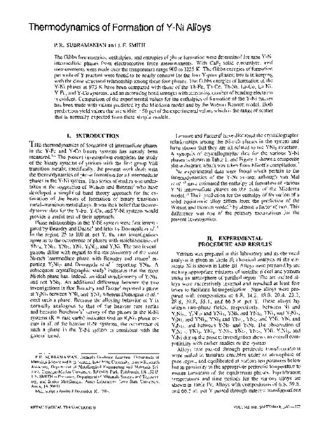 Pdf Thermodynamics Of Formation Of Y Ni Alloys Pr Subramanian