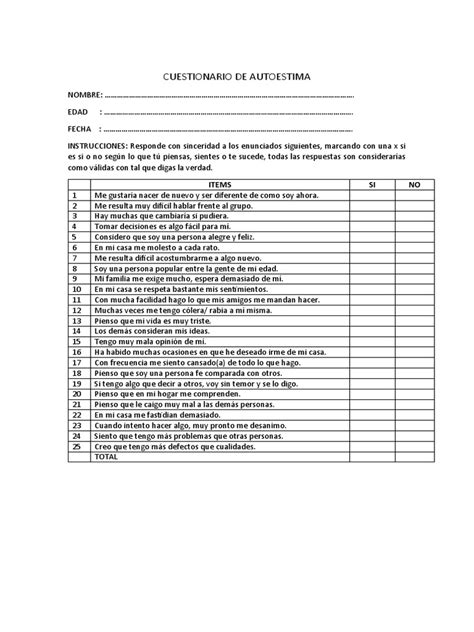 Cuestionario De Autoestima Pdf Relaciones Personales Crianza Y