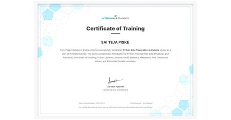 Successfully Completed The Python Data Preparation And Analysis Training Sai Teja Neta