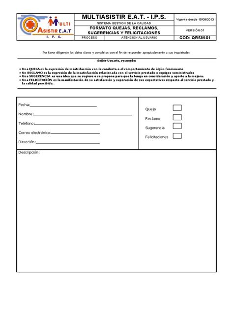Formato Quejas Y Reclamos Pdf Gestión De La Calidad Informática