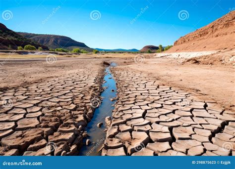 Dry River Bed Cracked Earth Drought And Excessive Water Consumption