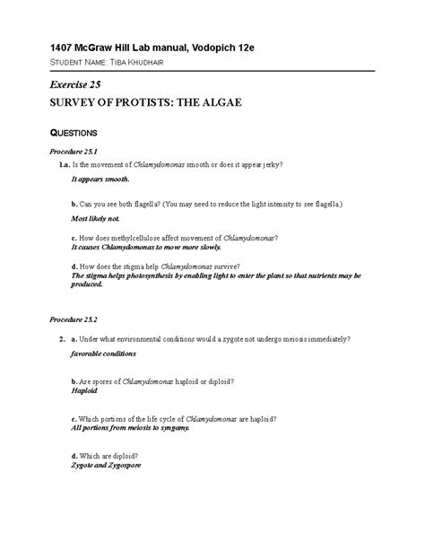 Lab 25 Survey Of Protists The Algae Lab Submission 1407 McGraw Hill Lab Manual Vodopich 12e
