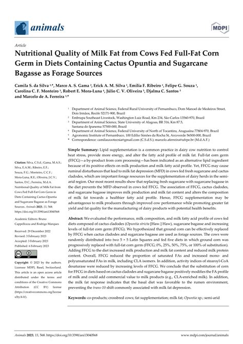 Pdf Nutritional Quality Of Milk Fat From Cows Fed Full Fat Corn Germ