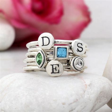 Silver Stacking Ring Set Mothers Ring Birthstone Ring Etsy