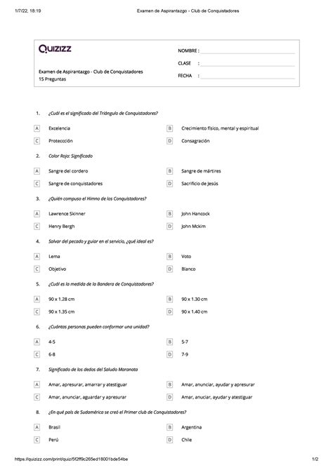 Examen De Aspirantazgo Club De Conquistadores A Pureza B
