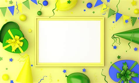 브라질 장식 배경의 행복 독립 기념일 번팅 플래그 빈 프레임 모형 노란색에 심장 선물 상자 색종이 복사 공간 텍스트 인사말 카드 배너 템플릿 리본 3d 렌더링 3차원 형태에