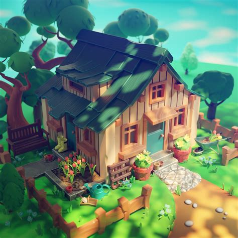 Artstation 3d Stylized Cottage In A Garden