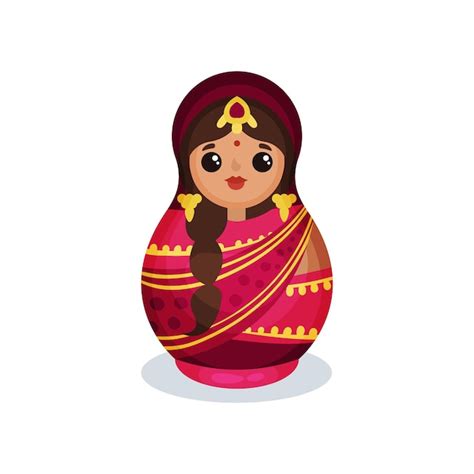 전통적인 인도 의상을 입은 둥지를 짓는 인형 나무 Matryoshka 터 일러스트레이션은 색 배경에 고립되어 있습니다