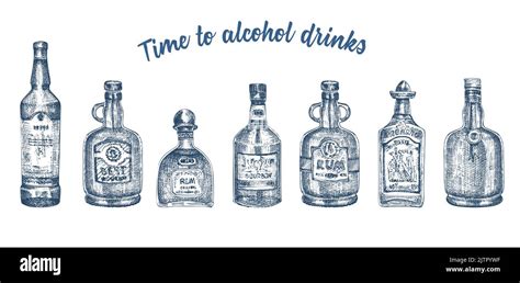 Set Hand Drawn Sketch Glasses Bottle Alcoholic Drinks On White