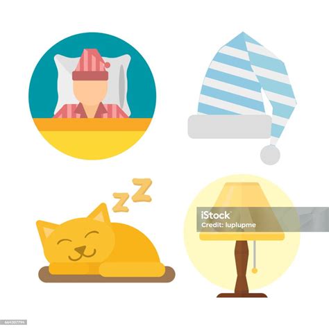 수 면 아이콘 램프 벡터 일러스트 레이 션 설정된 컬렉션 Nap 아이콘 휴식 취침 세트 고양이 침실 잠 자 0명에 대한 스톡