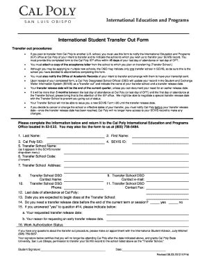 Fillable Online International Calpoly Transfer Out Procedures