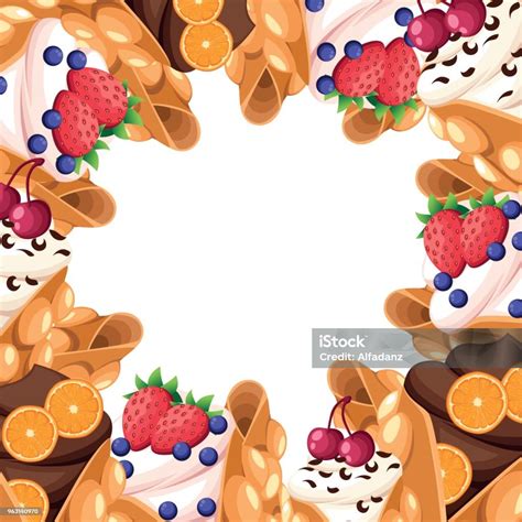 홍콩의 패턴 체리 딸기 오렌지 와플과 채찍 질 또는 흰색 배경 웹 페이지 및 모바일 응용 프로그램 디자인에 고립 된 초콜릿 크림