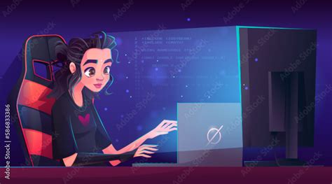 Female Programmer Working On Computer At Night Vector Cartoon Illustration Of IT Woman Typing