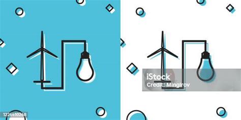 파란색과 흰색 배경에 전력 에너지와 전구 아이콘을 생성하는 풍앗간 터빈 풍력 공장을 이용한 대체 천연 재생 에너지 생산 임의 동적 셰이프 벡터 일러스트레이션 0명에 대한