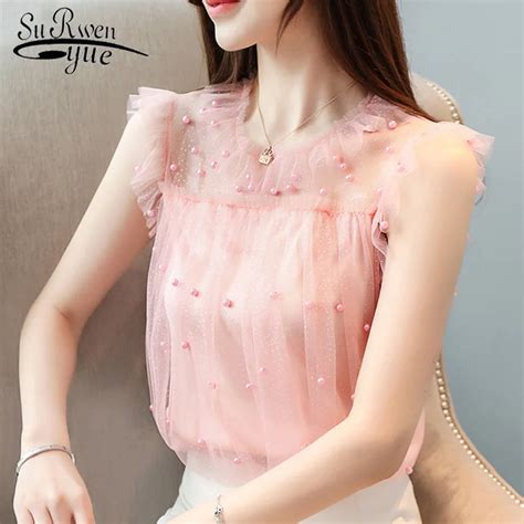 Womens Summer Blouses Womens Clothing Sexy Sleeveless Beading Hollow Lace Blouse Women Shirts