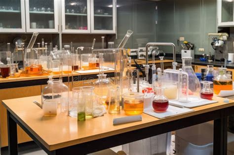 Science Lab With Equipment And Supplies Ready For Experiment Stock