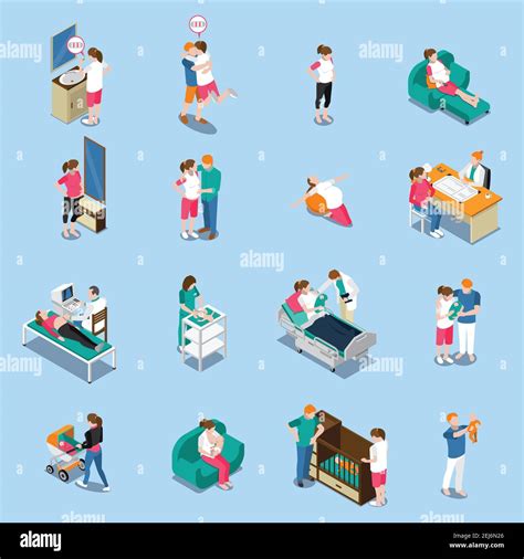Pregnancy Isometric Icons Isolated On Blue Background With Medical