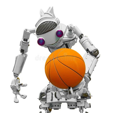 Friendly Robot Is Holding A Basketball Ball In White Background Stock
