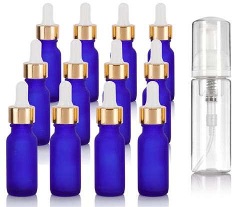 05 Oz 15 Ml Frosted Cobalt Blue Glass Boston Round Bottle With Gold