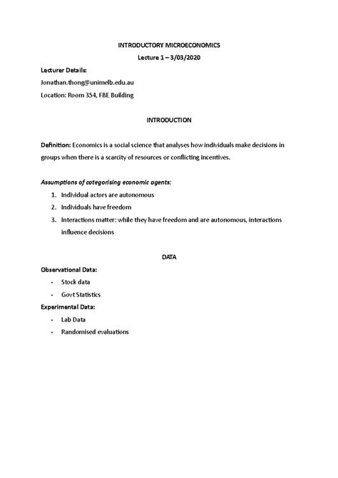 Lecture 1 Micro INTRODUCTORY MICROECONOMICS Lecture 1 3 03 Lecturer Details Studocu