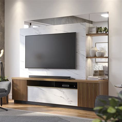 Home Theater Com Led Tv Para Até 70 Polegadas Braga Noce Milano Preto Fosco Calacatta Bela