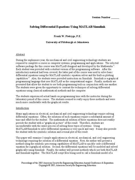 Rlc Solving Differential Equations Using Matlabsimulink Pdf