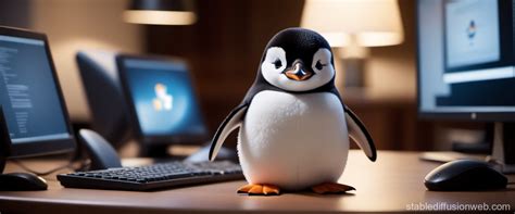 Cute Puffy Penguin In Front Of Computer Illustrate The Penguin As A