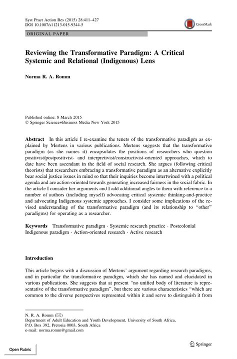 Pdf Reviewing The Transformative Paradigm A Critical Systemic And