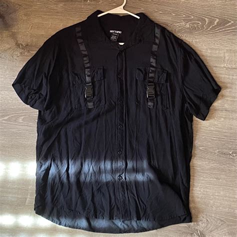 Black Hot Topic Button Up Strap Short Sleeve Shirt Depop