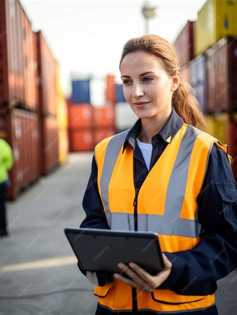 Premium Photo Female Port Engineer In Safety Clothes Inspecting Cargo
