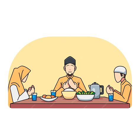 라마단 기간 동안 이프타르 때 식탁에서 식사하는 이슬람 가족의 그림 프리미엄 벡터
