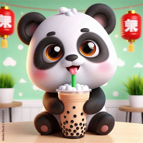 Cute Panda Drinking Boba Milk Tea Cartoon 3d Generative Ai Stock