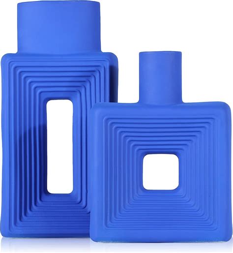 Modern Blue Ceramic Vase Set Of 2 Decorative Square