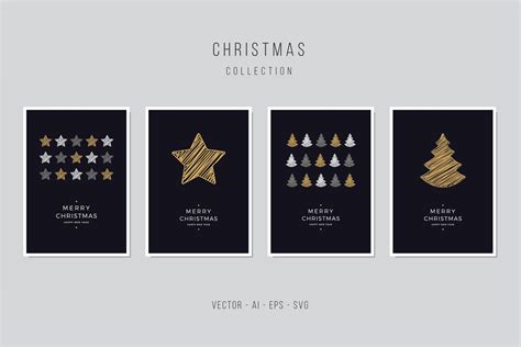 星星and圣诞树手绘圣诞节矢量贺卡模板集v1 Christmas Greeting Vector Card Set 大洋岛素材