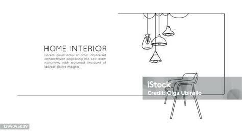 교수형 로프트 램프 샹들리에가있는 안락 의자의 연속 한 줄 그리기 간단한 선형 스타일의 거실 개념을위한 스칸디나비아 세련된 가구 편집 가능한 스트로크 낙서 벡터 일러스트