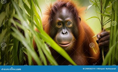 Bornean Orangutan On The Tree Under Rain In The Wild Nature Central
