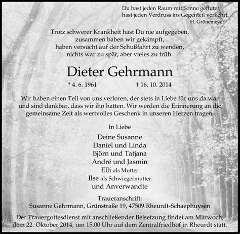 Traueranzeigen Von Dieter Gehrmann Trauer In Nrwde