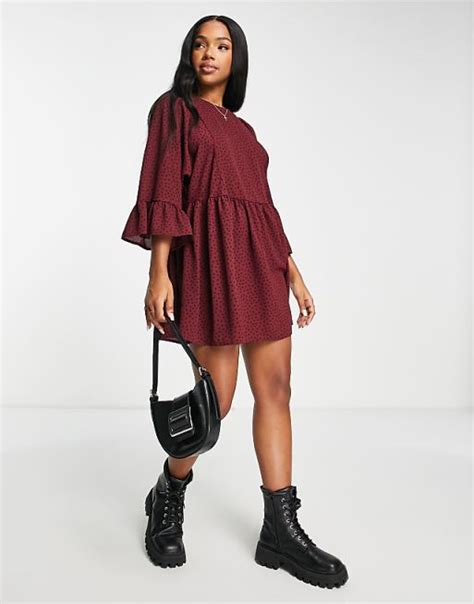 Asos Design Batwing Sleeve Smock Mini Dress In Burgundy Base Black Spot
