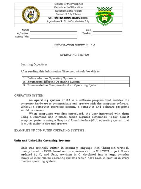 Tle Ict 10 Operating System Activity Sheet Pdf Operating System