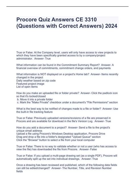 Procore Quiz Answers CE 3310 Questions With Correct Answers 2024 Procore Superintendent