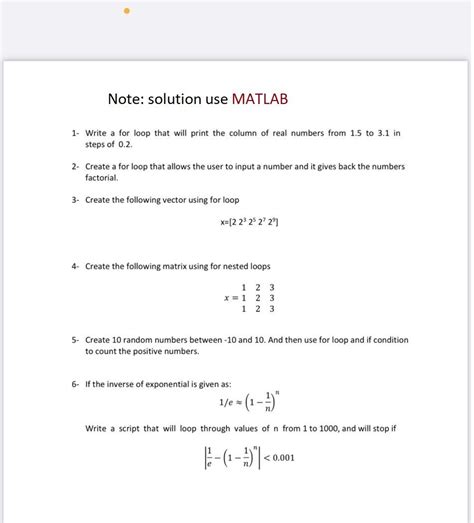 Solved Note Solution Use MATLAB 1 Write A For Loop That Chegg