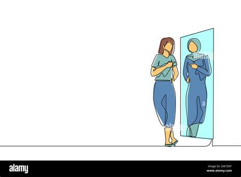 Single One Line Drawing Arabian Woman Looking In Big Mirror See Herself
