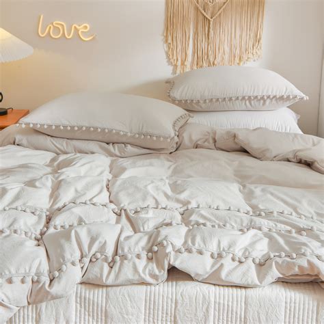 Move Over Beige Grey Boho Bedding Set Three Layer Pom Poms Pattern Soft